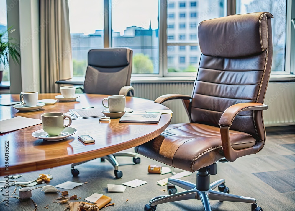 A worn, empty office chair sits amidst a cluttered conference table ...