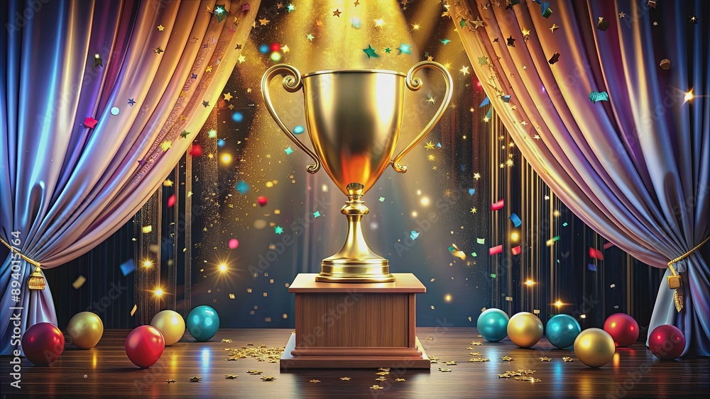 Golden trophy and certificate on podium with confetti and balloons ...