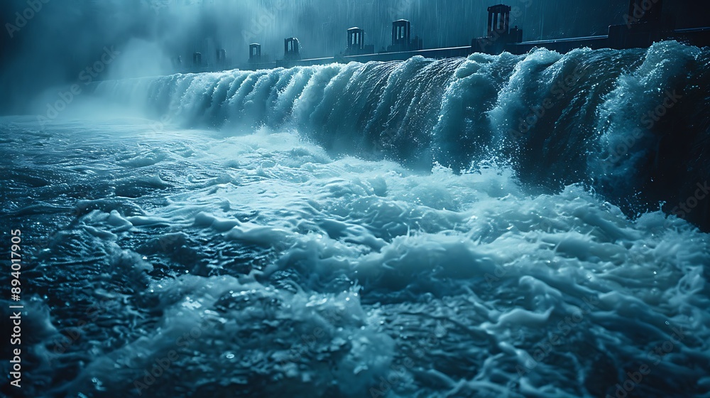 Hydroelectric dam with rushing water and electric turbines turning with ...
