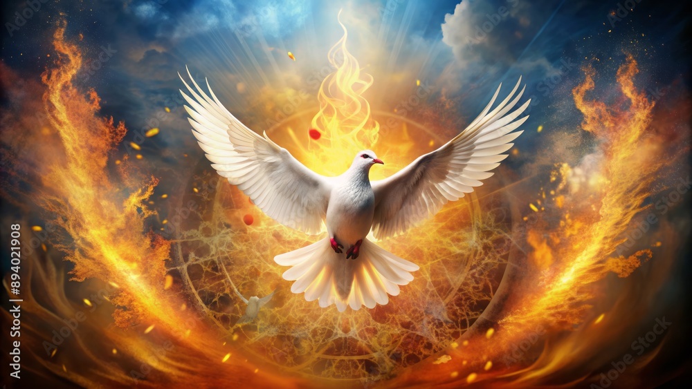Vibrant illustration of dove descending from heaven amidst swirling ...