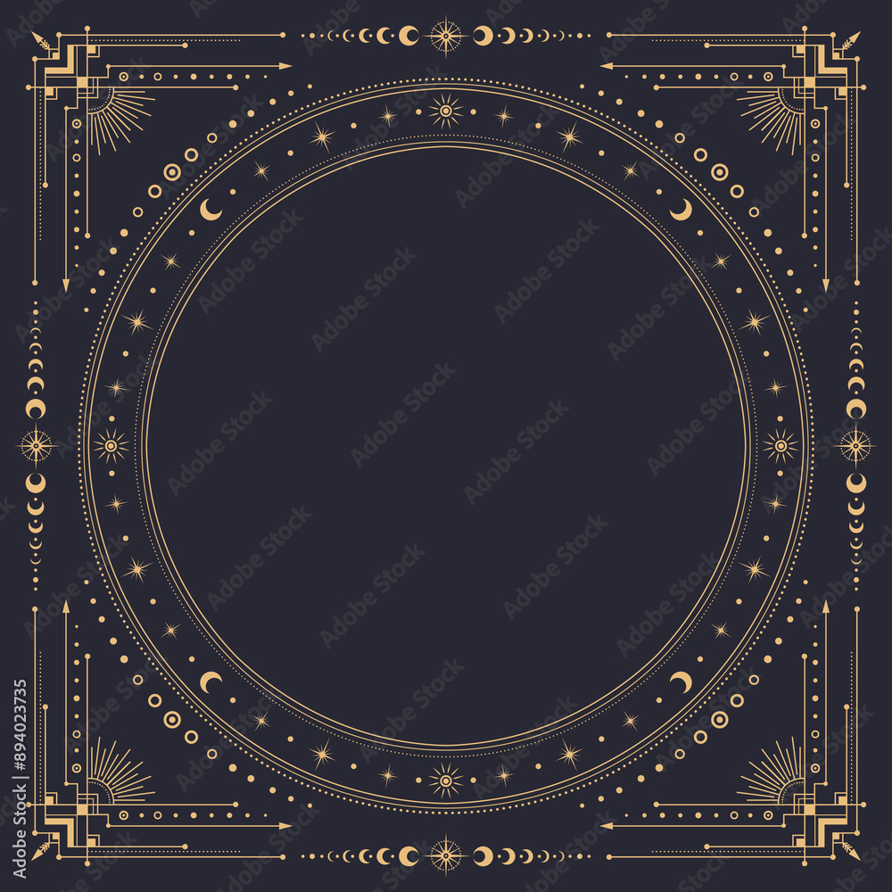 Square celestial frame with borders of mystic gold moon and stars ...