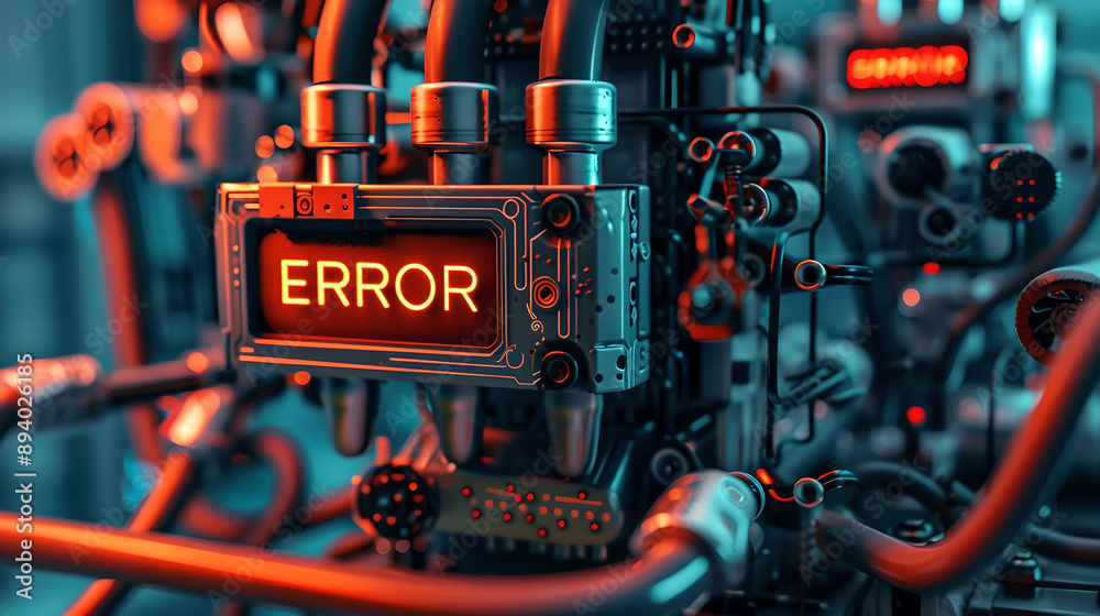 Error concept image with a machine showing a bright red error message ...