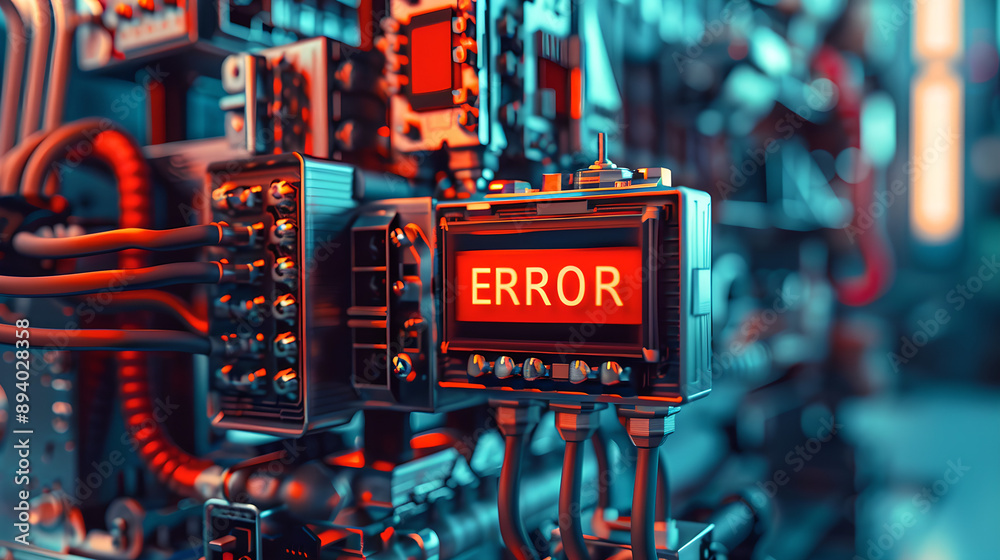 Error concept image with a machine showing a bright red error message ...