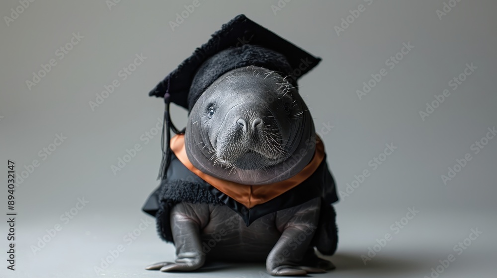 A playful manatee wearing a graduation cap and gown, symbolizing ...