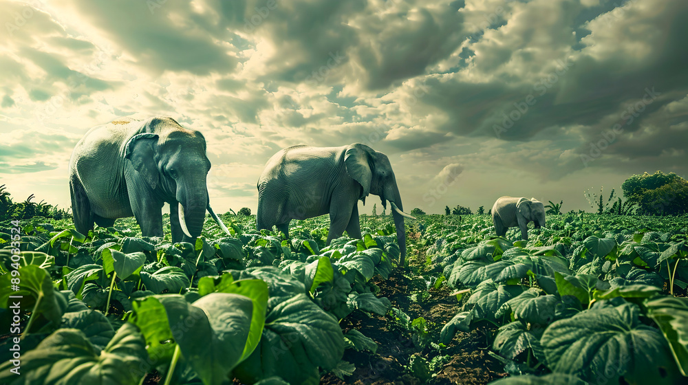A herd of mighty African elephants foraging on agricultural crops in a ...