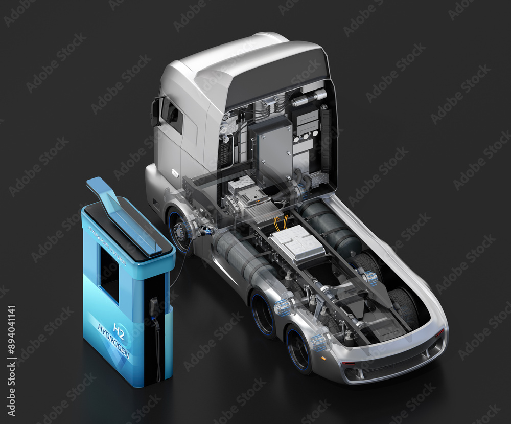 Rear view of FCV Semi Truck refueling H2 gas in Hydrogen station, truck ...