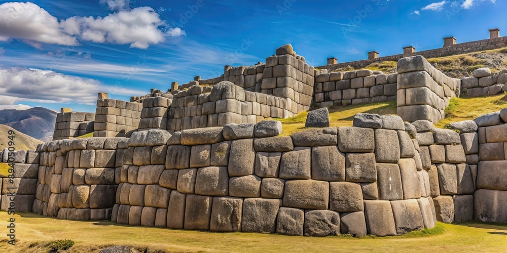 Ancient Inca fortress walls with large stone blocks in Sacsayhuaman ...