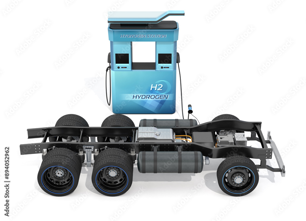 Side view of FCV Semi Truck Chassis equipped with fuel cell stack ...