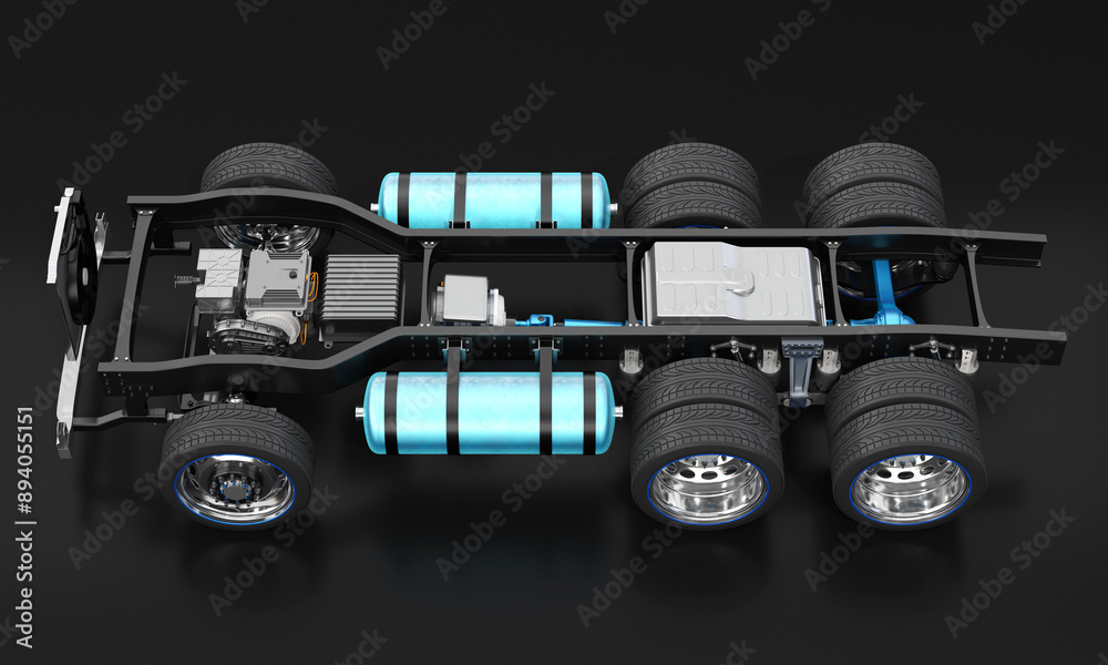 Side view of FCV Semi truck chassis on black background. Fuel cell ...