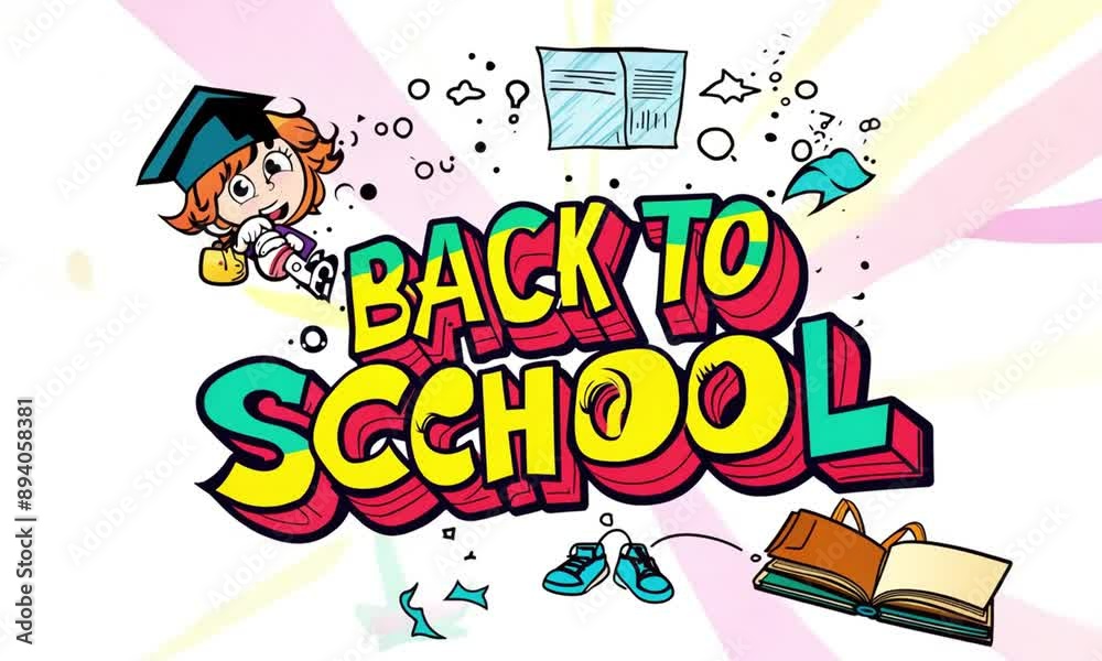Comic book words "BACK TO SCHOOL" featuring retro cartoon pop-up style ...