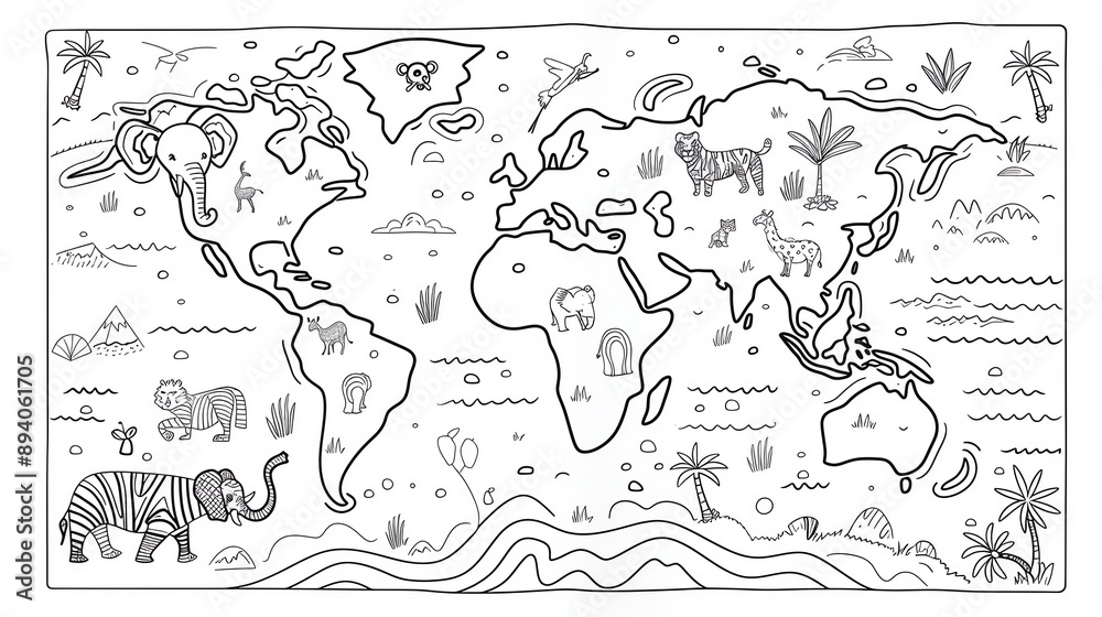kids coloring book pageA safari map with animals to spotheavy line art ...