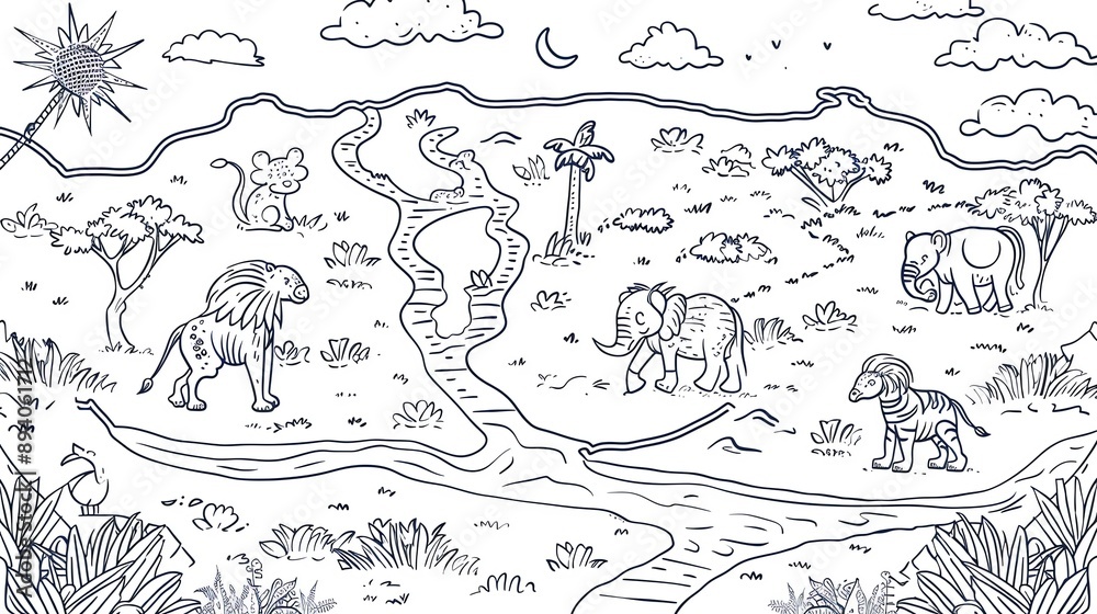 kids coloring book pageA safari map with animals to spotheavy line art ...