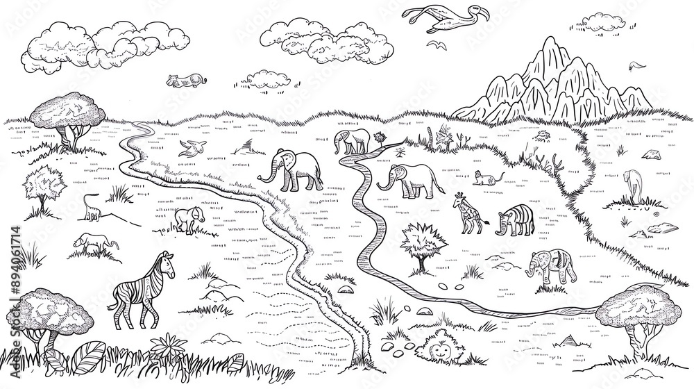 kids coloring book pageA safari map with animals to spotheavy line art ...