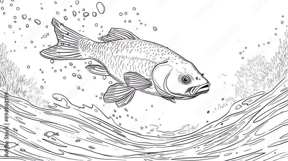 kids coloring book pageFlying fish leaping out of the waterheavy line ...