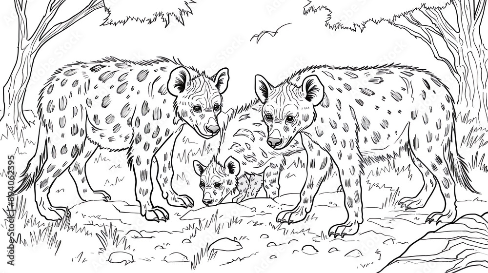 kids coloring book pageHyenas at a denheavy line art, clean line art ...