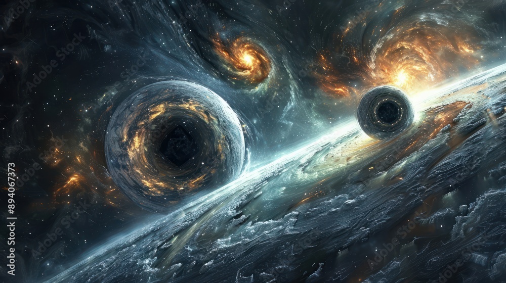 Abstract celestial bodies orbiting a central point, their surfaces ...