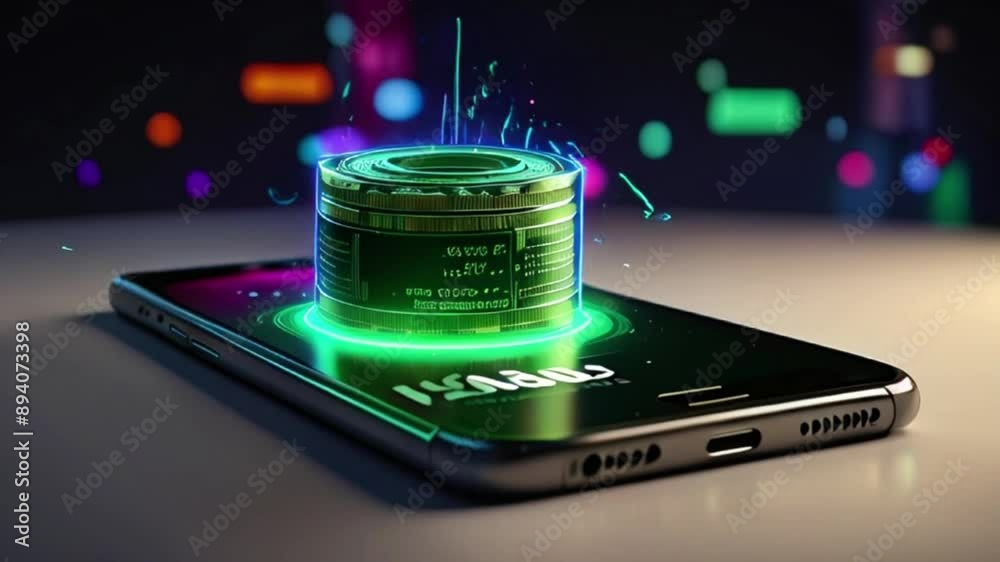 Neon-Powered Smartphone: The image shows a smartphone on a surface with ...