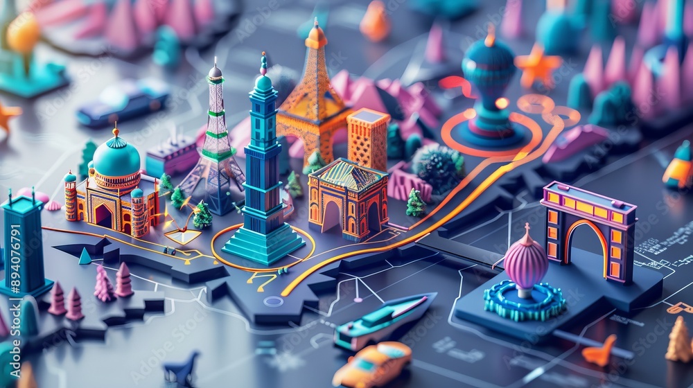 3D vector representation of a travel itinerary map with route lines ...