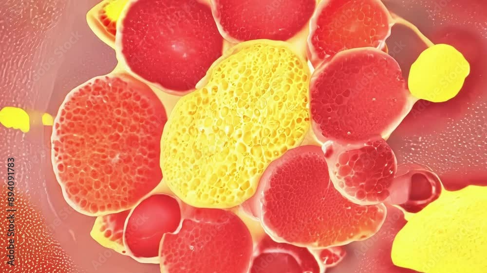 The fat tissue is shown in various shades of red yellow and orange ...