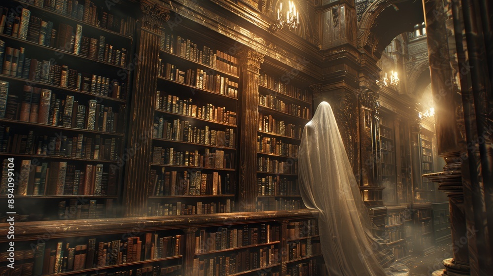 Mystic library with ghostly figure roaming through ancient bookshelves ...