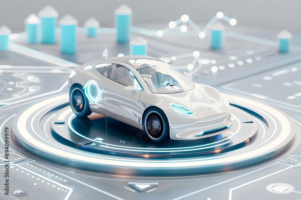 Futuristic electric car concept on a digital platform with holographic ...