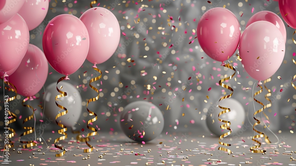 on stage, many pink and gray balloons with confetti and gold ribbons ...