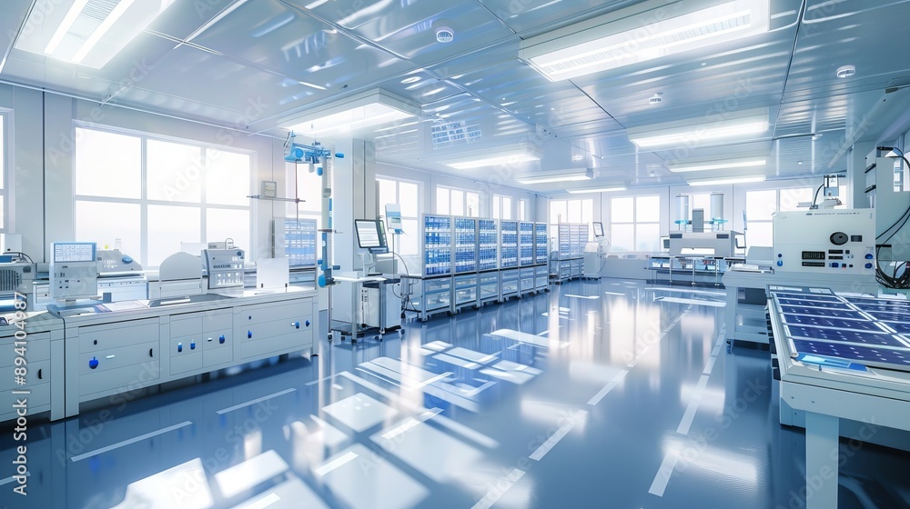 Futuristic laboratory setting with solar panels undergoing rigorous ...