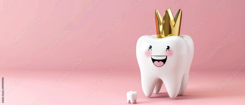 Regal Smiling Tooth with Golden Crown on Abstract Pink Background ...