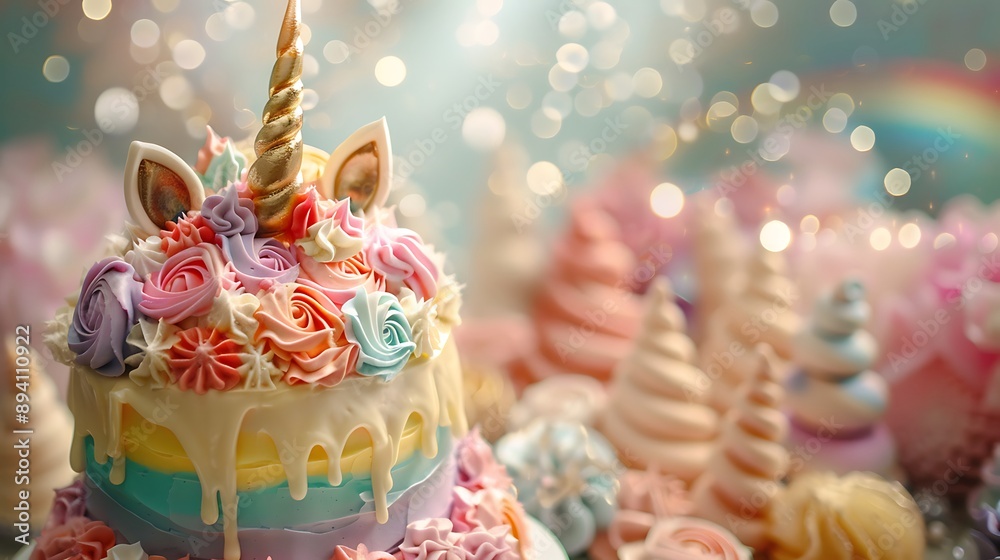 A beautifully decorated pastel-colored unicorn cake with a golden horn ...