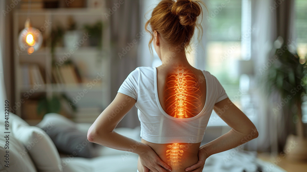 woman with a pained expression reaches to her lower back, holding it ...