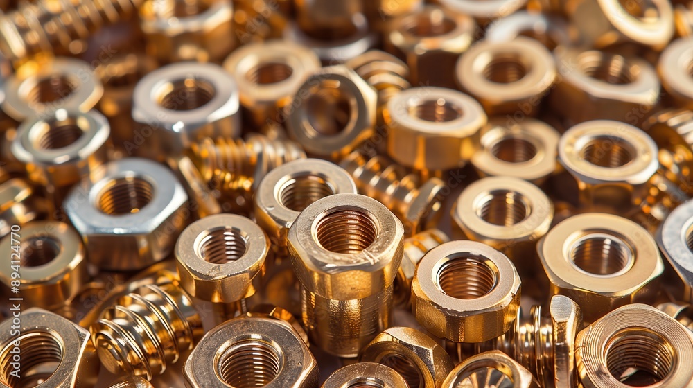 Copper Nuts and Bolts Close-Up. Close-up view of assorted copper nuts ...