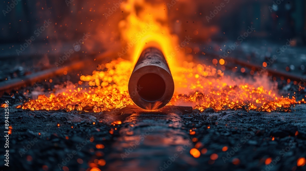 Molten Metal Pipe in Fiery Process. Glowing metal pipe surrounded by ...