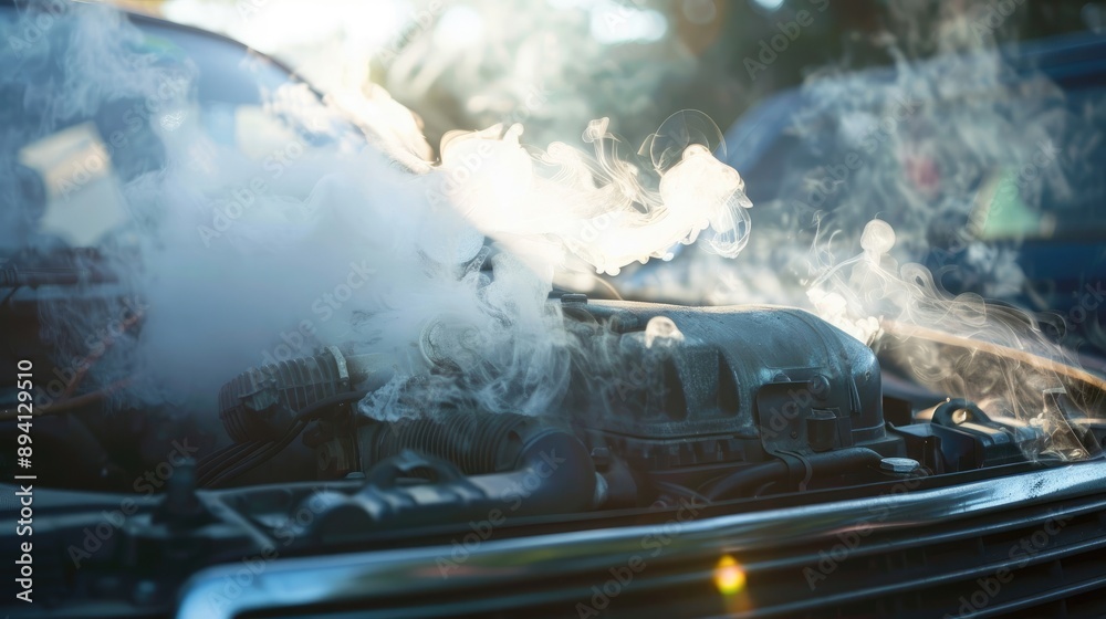 Smoke comes out of the hood of the car because the car engine is ...