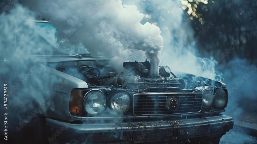 Smoke comes out of the hood of the car because the car engine is ...