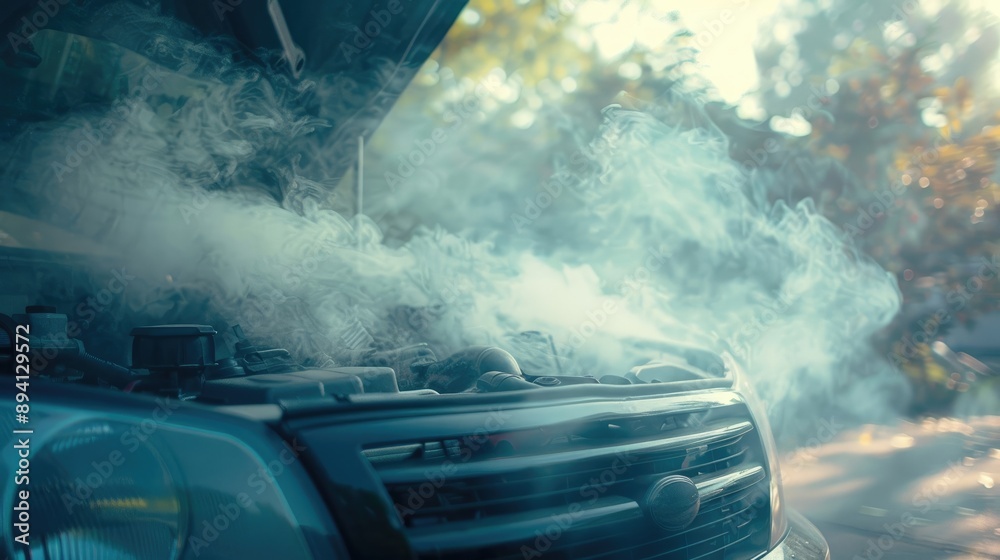 Smoke comes out of the hood of the car because the car engine is ...