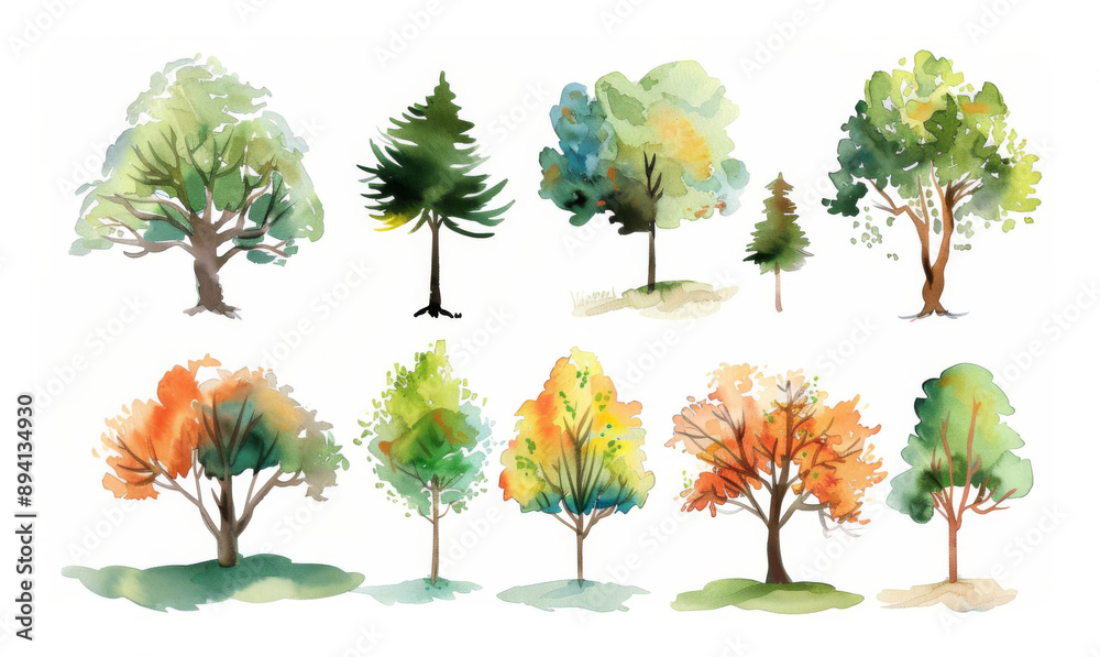 Set of watercolor green trees isolated on a white background for ...