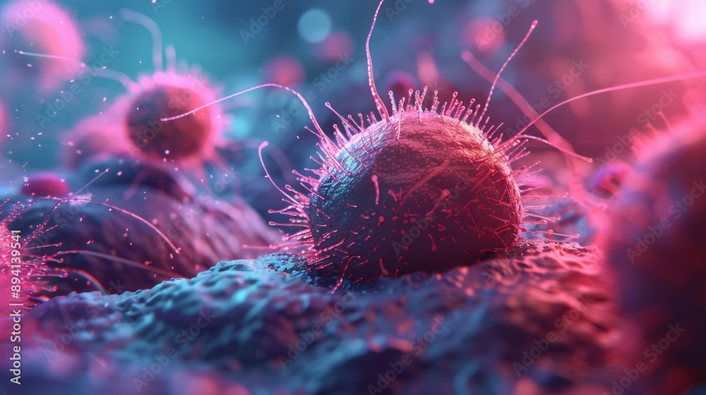 High-resolution 3d cg render of t-cells and cancer cells in a ...