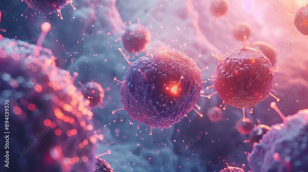 High-resolution 3d cg render of t-cells and cancer cells in a ...