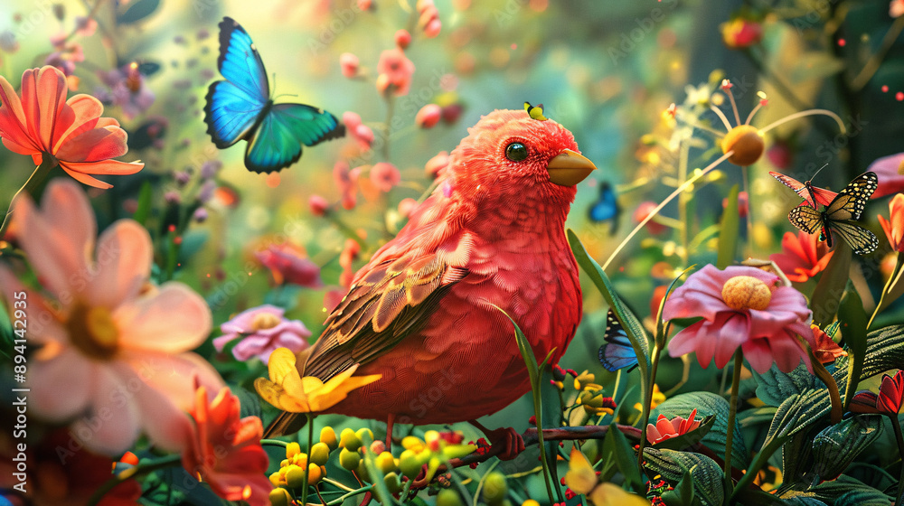 Playful 3D cartoon cute bird interacting with other animated birds and ...