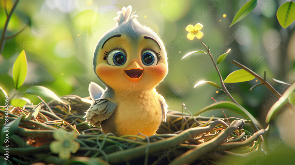 Cute cartoon baby bird with a friendly grin, sitting in a cozy nest ...