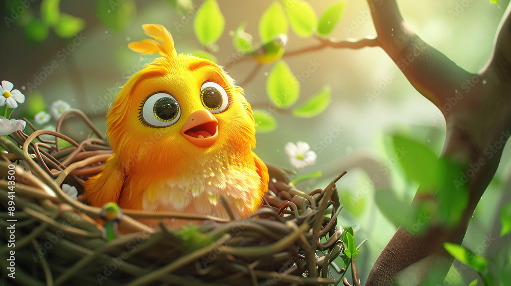 Cute full-body cartoon bird with a friendly grin, sitting in a cozy ...