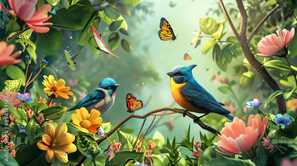 Playful full-body cartoon bird interacting with other animated birds ...