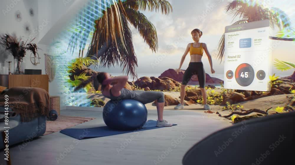 Female athlete trains with fitball. VR screen shows virtual coach and ...