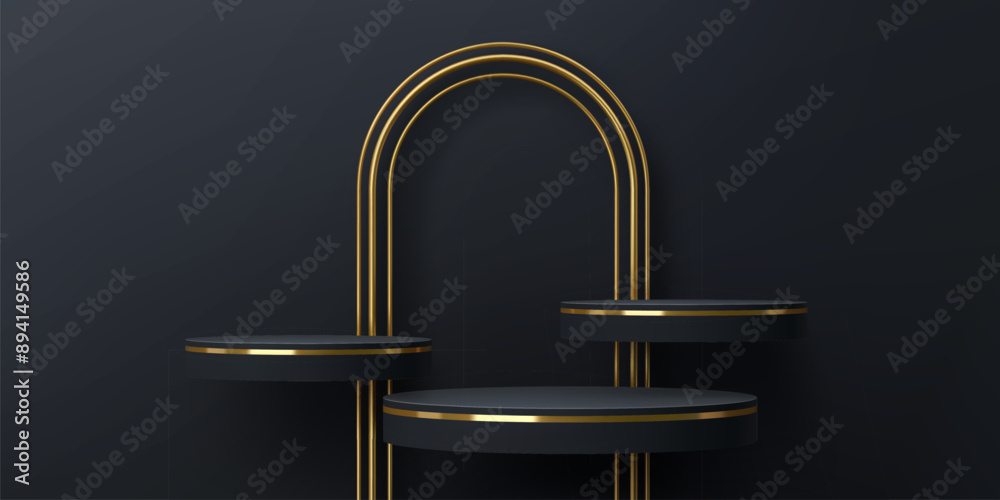 Black podium stages with golden arch and frames. Vector 3d product ...