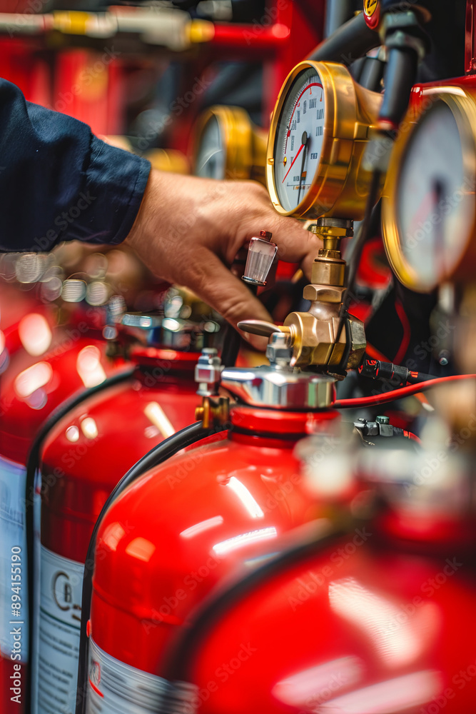 Fire extinguisher has hand engineer inspection checking pressure gauges ...