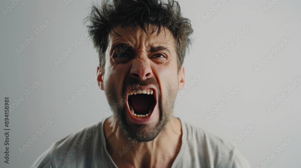 Man hysterical emotional facial expression isolated white studio ...