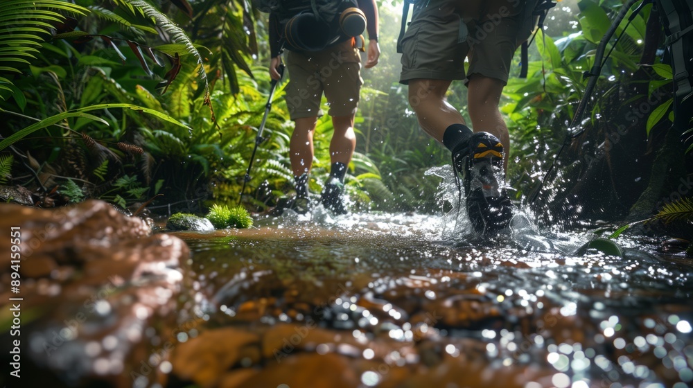 Close-up of hikers crossing a small river on Mount Roraima, water ...