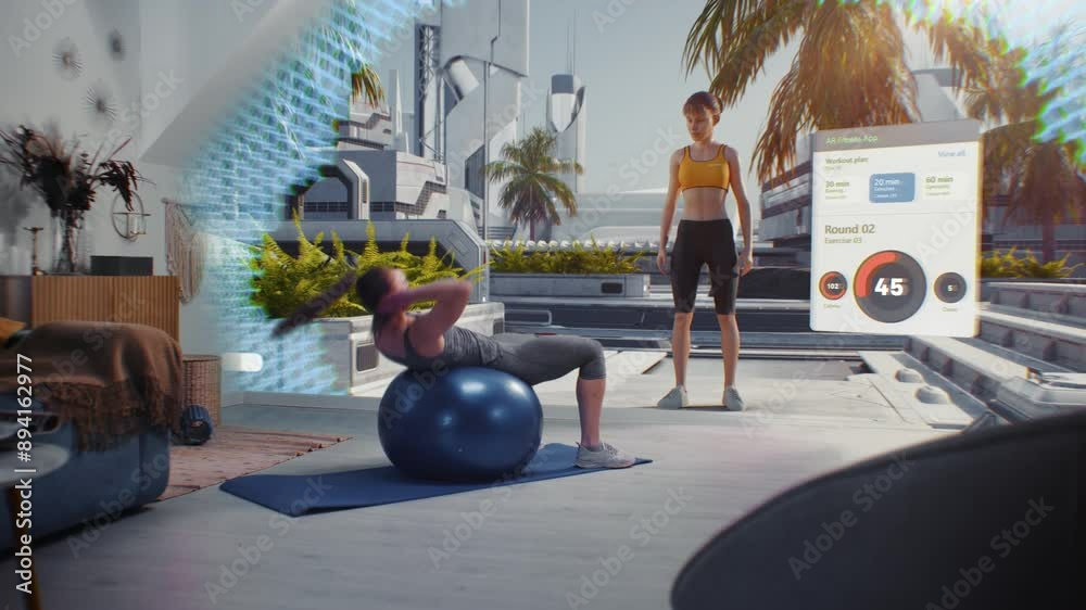 Female athlete exercises with fitball. VR screen with displayed virtual ...