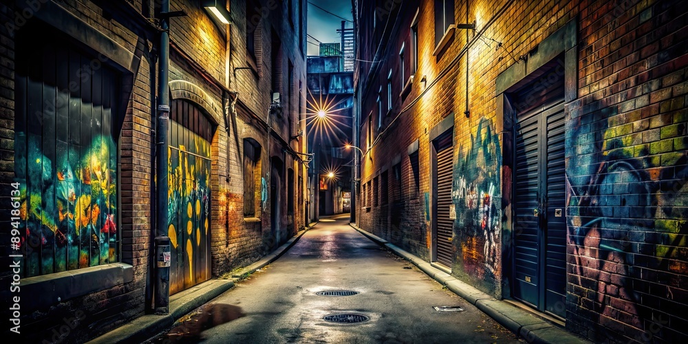 Dark and eerie alleyway with shadows and graffiti , danger, unsafe ...