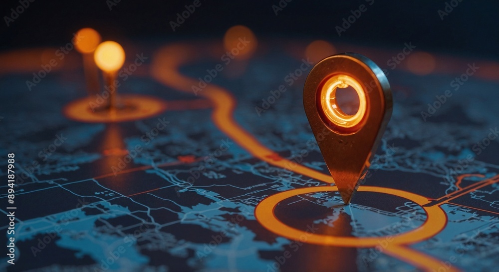 A digital map displaying a location with two pins set, representing AI technology in GPS ...